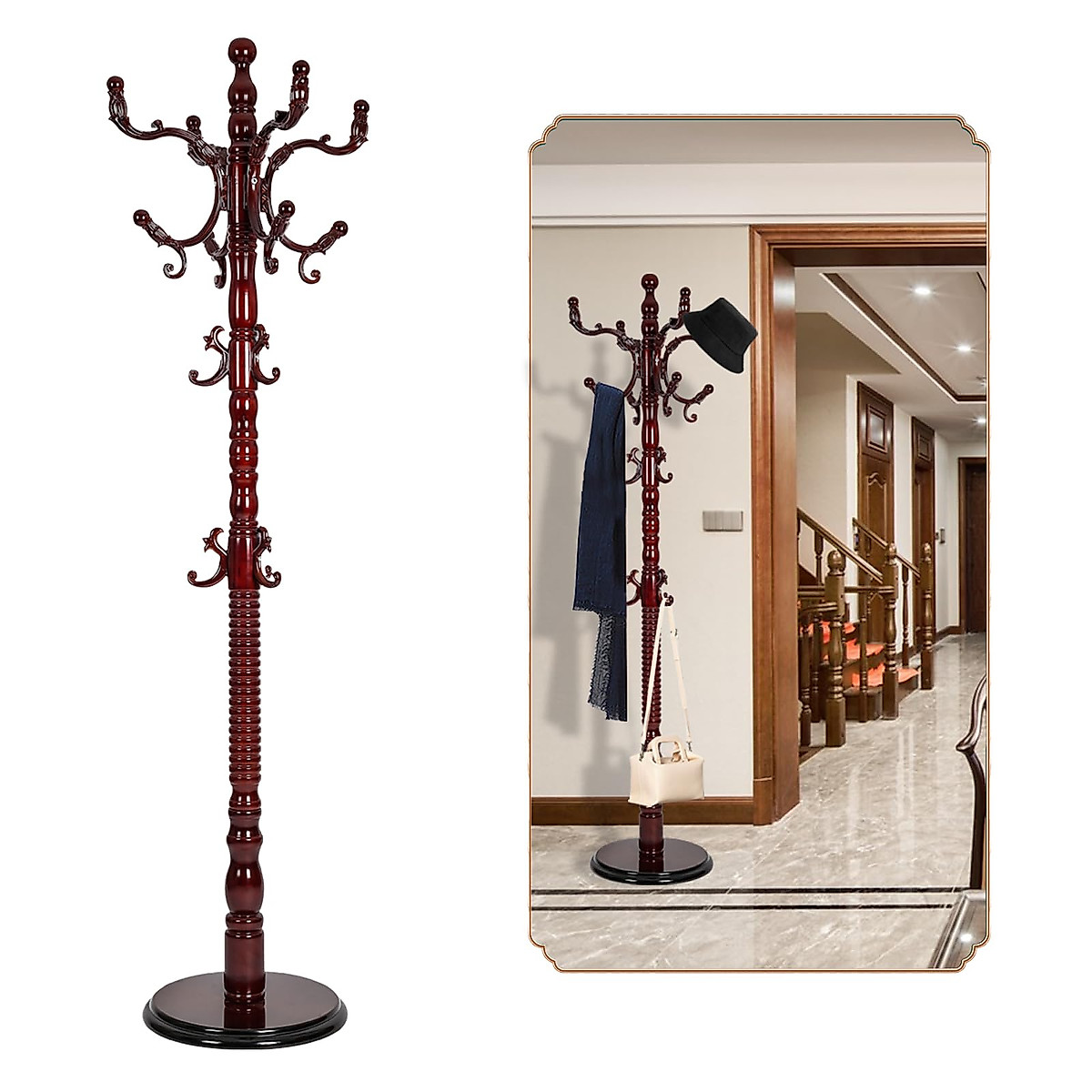 RUFXIEZW Coat Rack Freestanding, Wooden Tree Coat Rack Stand with 3 Adjustable Sizes Coat Tree and 14 Hooks, Sturdy Hall Tree with Solid Round Base for Entryway, Hallway, Bedroom (Reddish brown)