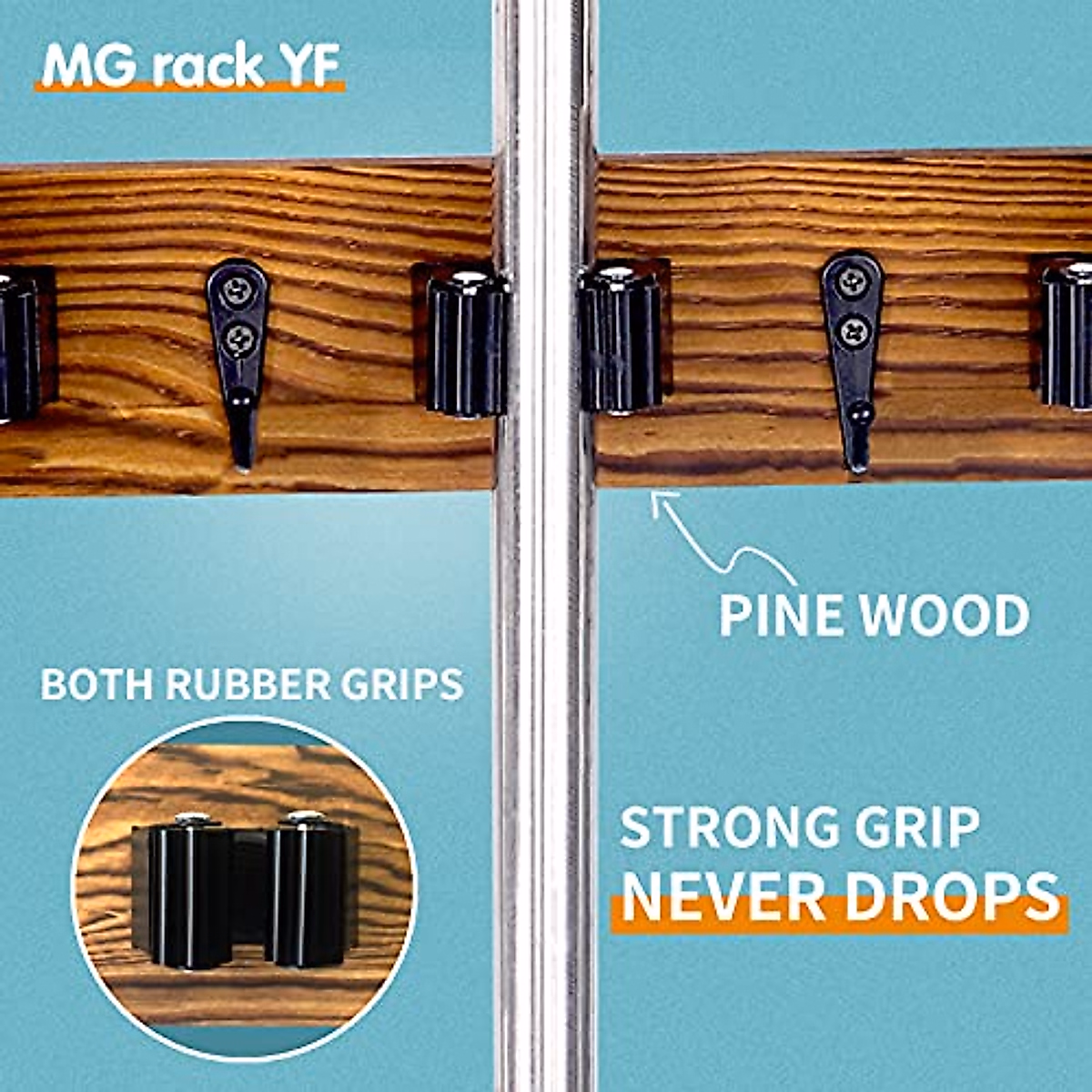 MG rack YF Mop and Broom Holder Wall Mount, Rustic Solid Wood Holder Garden and Kitchen Garage Tool Organizer Wall Hanger for Home Goods (3 Positions with 4 Hooks)