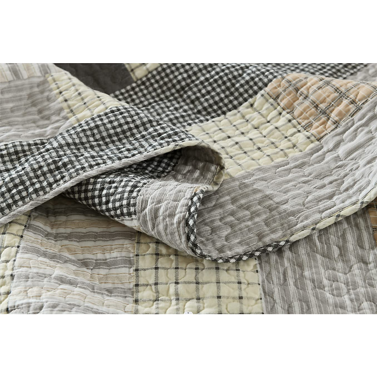 Cinefoso Queen Size Quilt, Patchwork Plaid Quilt Set Queen Size 100% Cotton Farmhouse Plaid Bedspread Lightweight & Reversible Quilt Bedding Set All-Season 3-Pieces