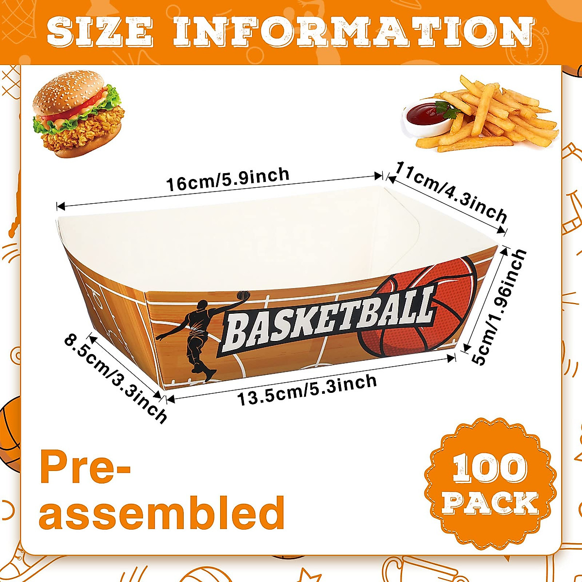90 PCS Basketball Party Supplies 1.1lb 30 Basketball Paper Food Serving Tray Paper Food Holder Tray Disposable Paper Boat Paper Food Tray with 60 Deli Wrap Wax Paper Sheets for Basketball Party Favor