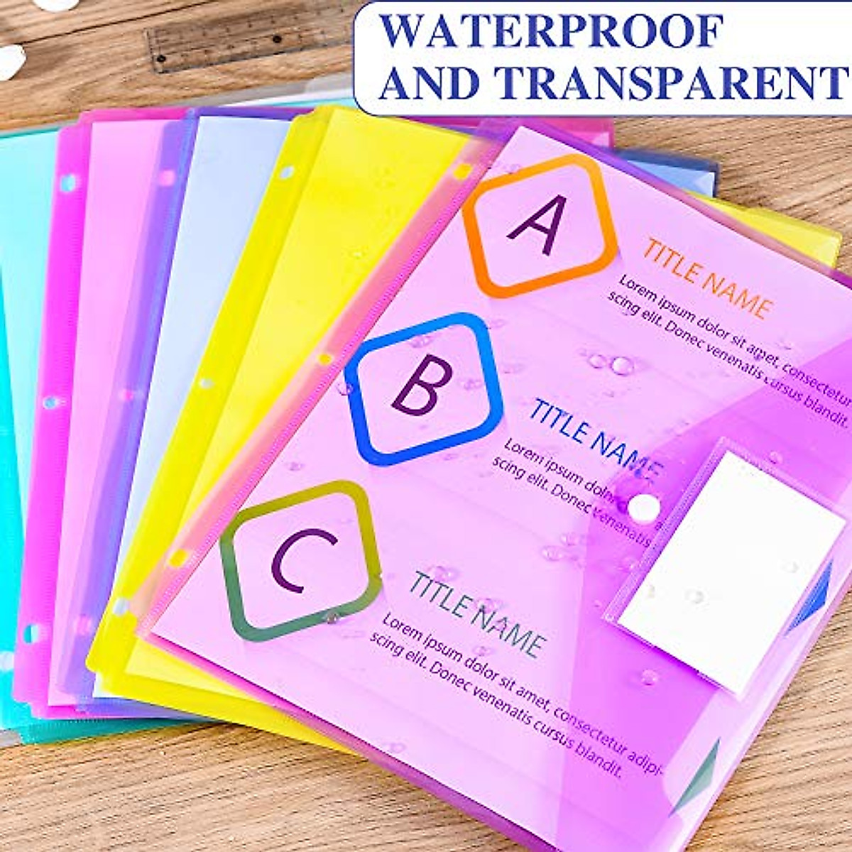12 Pack Poly Binder Pocket, Side Loading,Letter Size, Pocket Folders Poly Envelopes Clear Document Folders for 3 Ring Binder with Label Pocket & Snap Button