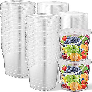 Huwena 30 Pcs 32 oz Deli Containers with Lids and Handles Square Plastic Food Storage Containers Clear Space Saver Restaurant Stackable Containers for Meal Food Prep Kitchen Party Supplies