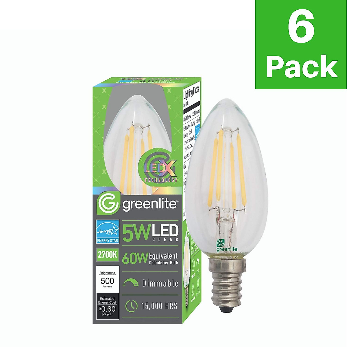 Greenlite LED B11 5W Torpedo Filament Chandelier Light Bulb, 60W Equivalent, 500 Lumens, 2700K Soft White, Dimmable, 120V, E12 Candelabra Base, Energy Star, Clear (6 Pack)