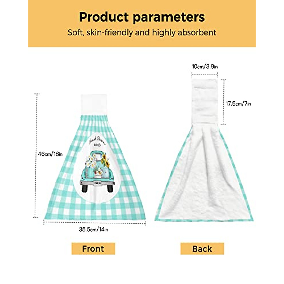 ZFUNCING Hand Tie Towel Set of 2,Teal Farm Truck Daisy Floral Gingham Check Hanging Kitchen Towels with Loop, Absorbent Tea Bar Dish Towel Fast Drying Towels for Bathroom,Pastoral Sunflower