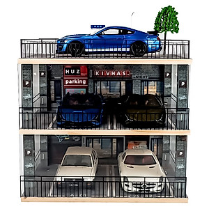 kivcmds 1:18 Scale 3-Tiers Model Car Display Case with Parking Lot Scene for Sports Car and Lego Models Collector, Display Stand for Alloy Car Toy with Light (3-Tiers Convenience Store Parking Lot)