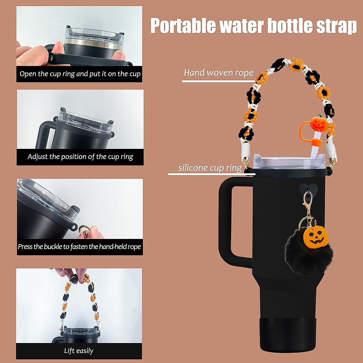 Halloween Stanley Cup Accessories Set,Personalized Charm Including Straw Cover,Handle rope,Halloween stickers,cup ring,plush pendant,Silicone Boot,Heart Buttons(Pumpkin)