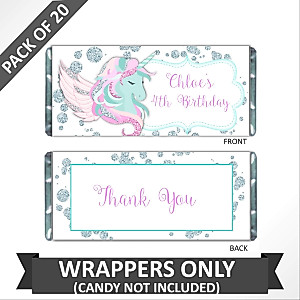 Unicorn Personalized Candy Wrappers, Kids Birthday Party Favors, Pack of 20 Custom Chocolate Bar Labels