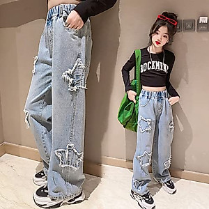YaYabroe Girls Baggy Jeans Casual Wide Leg Denim Pants Jeans Kids Clothes Size 5-14 Years (Blue Star Patch, 10-12)