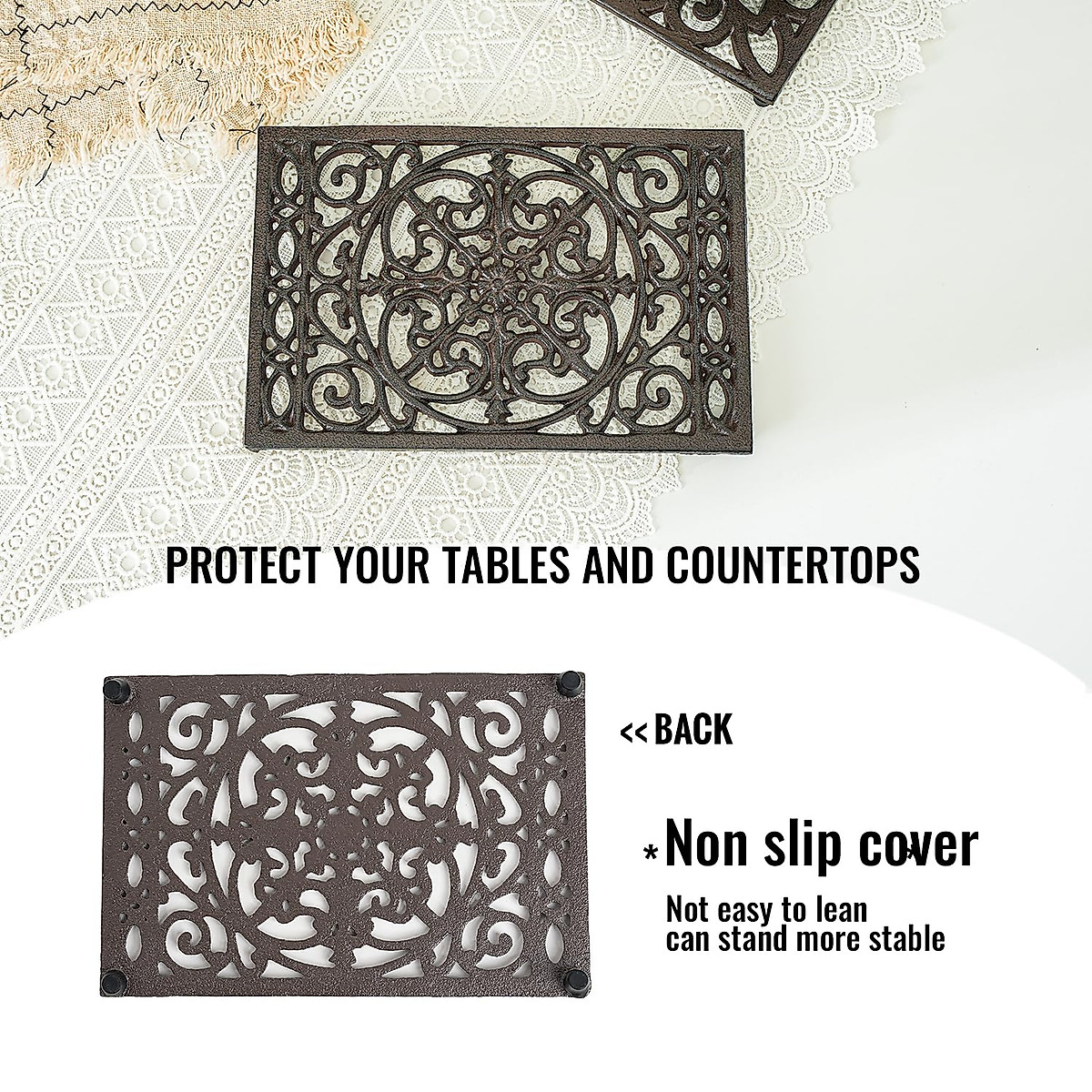 Sungmor Rectangle Cast Iron Trivets, Metal Trivet for Hot Pots and Pans, Heavy Duty Rustic Wood Stove Tea Pot Trivet, Decorative Hot Pot Holder for Kitchen Counter and Dining Table