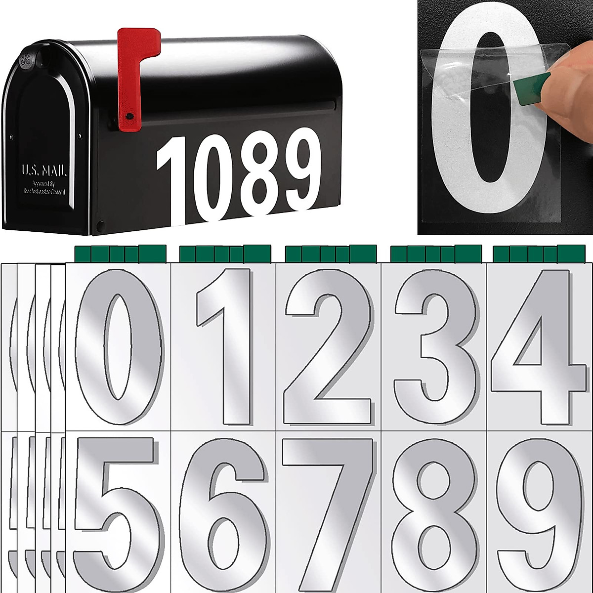 Mailbox Numbers, 5 Sets 4 Inch Mailbox Numbers for Outside, Modern Number Mailbox Stickers, Vinyl Reflective Mailbox Numbers, Strong Adhesive Numbers for Mailbox, Reflective Numbers for Mailbox with Sticky Tabs for Easy Backing Peeling