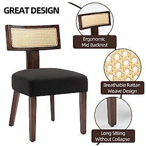 WQSLHX Rattan Dining Chairs Set of 4, Mid-Century Modern Dining Room Chair Set for Kitchen, Farmhouse Dinner Chair with Cane Curved Back & Hardwood Frame in Dark Walnut Finish, Black Linen Upholstered