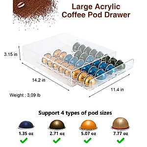 XronSlute for Nespresso Pods Holder,Vertuo Pod Holder,Acrylic 32 Large Pod Organizer,Clear Coffee Pod Capsule Drawer