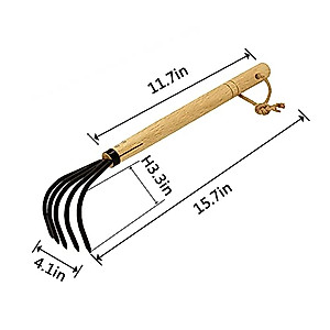XFJTECH 15'' Garden Rake Cultivator 5 Tines Claw Soil Tiller Military Grade Steel Japanese Ninja Claw with Ergonomic Wooden Handle for Perfect Pulverized and Aerated Soil and Combing Leaves Weeding