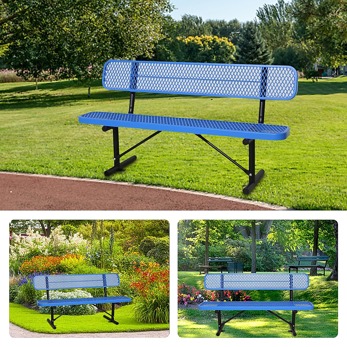 SUNDALY 8 Feet Heavy Duty Metal Park Bench with Back for Outside, Outdoor Bench with Portable Frame