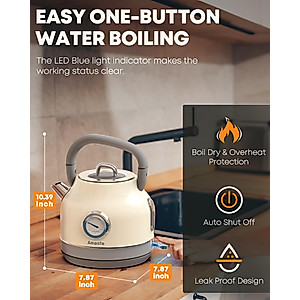 Amaste Electric Kettle, Retro Electric Tea Kettle With Thermometer, 57 Oz Hot Water Kettle For Coffee & Tea, 304 Stainless Steel, 1500w Fast Boiling, Auto Shut-Off & Boil Dry Protection, Cream White