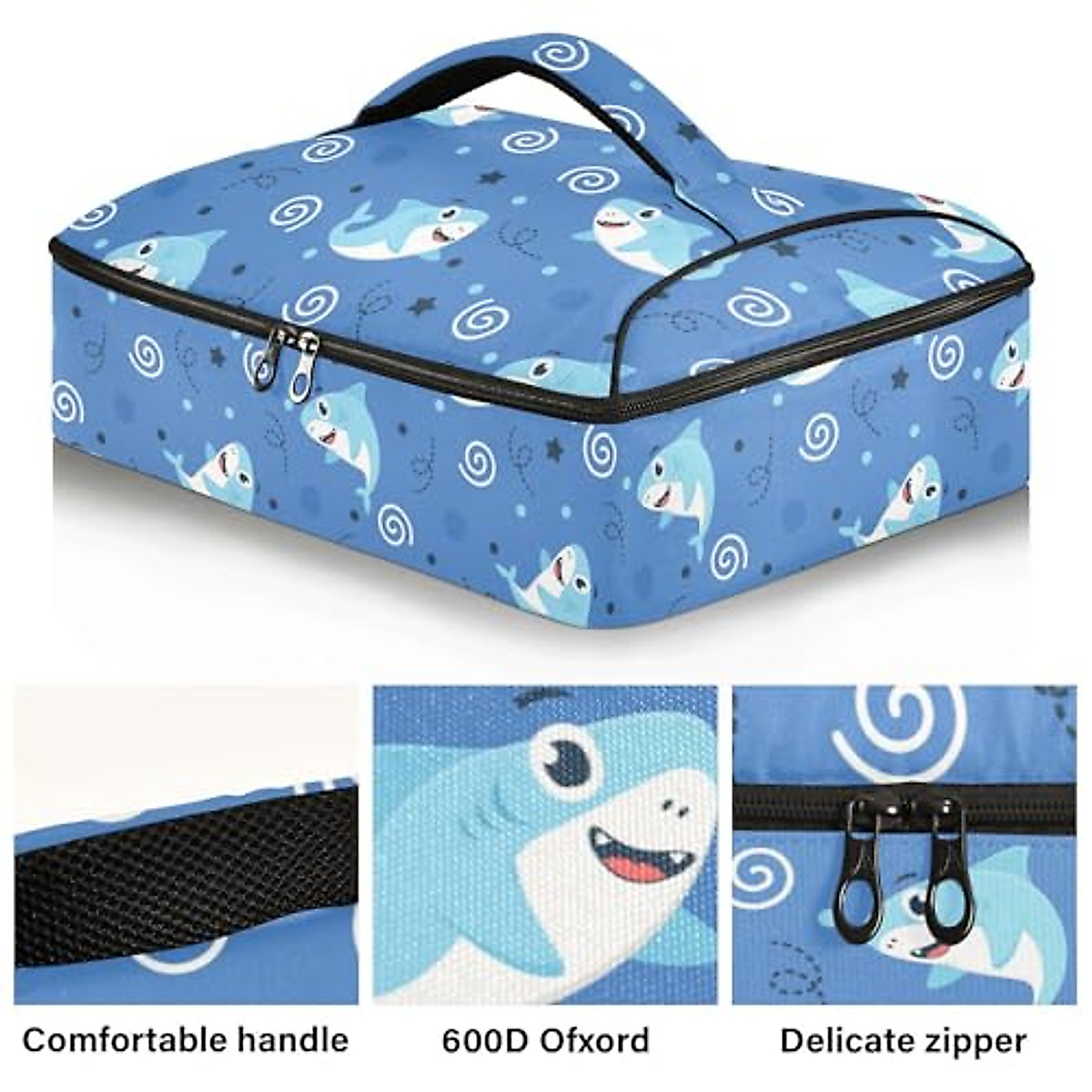 Kcldeci Insulated Thermal Food Carrier Insulated Casserole Carrier for Hot or Cold Food,Cute Sharks Cartoon Pattern Insulated Tote Bag for Potluck Cookouts Parties Picnic,Lasagna Lugger