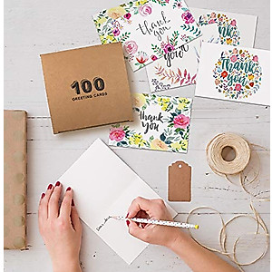 Thank You Cards with Envelopes (100 Pack), 4 Cover Designs, Blank Inside, by Better Office Products, All Occasions, Baby Showers, Graduation, and Weddings, Floral Collection, 100 Pack