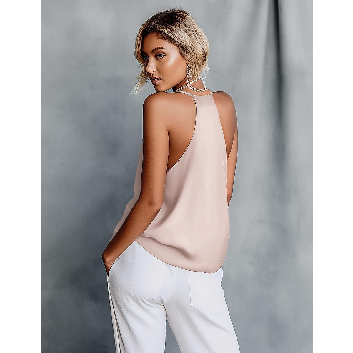 Ekouaer Women's Silk Satin Camisole Tank Tops V Neck Sleeveless Spaghetti Straps Blouse Casual Racerback Shirt(Peach,XL)