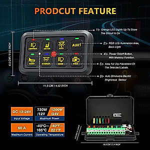 GEARZAAR 8 Gang Switch Panel with APP RGB Automatic Dimmable On-Off LED Switch Panel, Toggle Momentary Pulsed Bluetooth Electronic Relay System 12-24V IP65 Waterproof for Pickup Jeep UTV SUV Marine