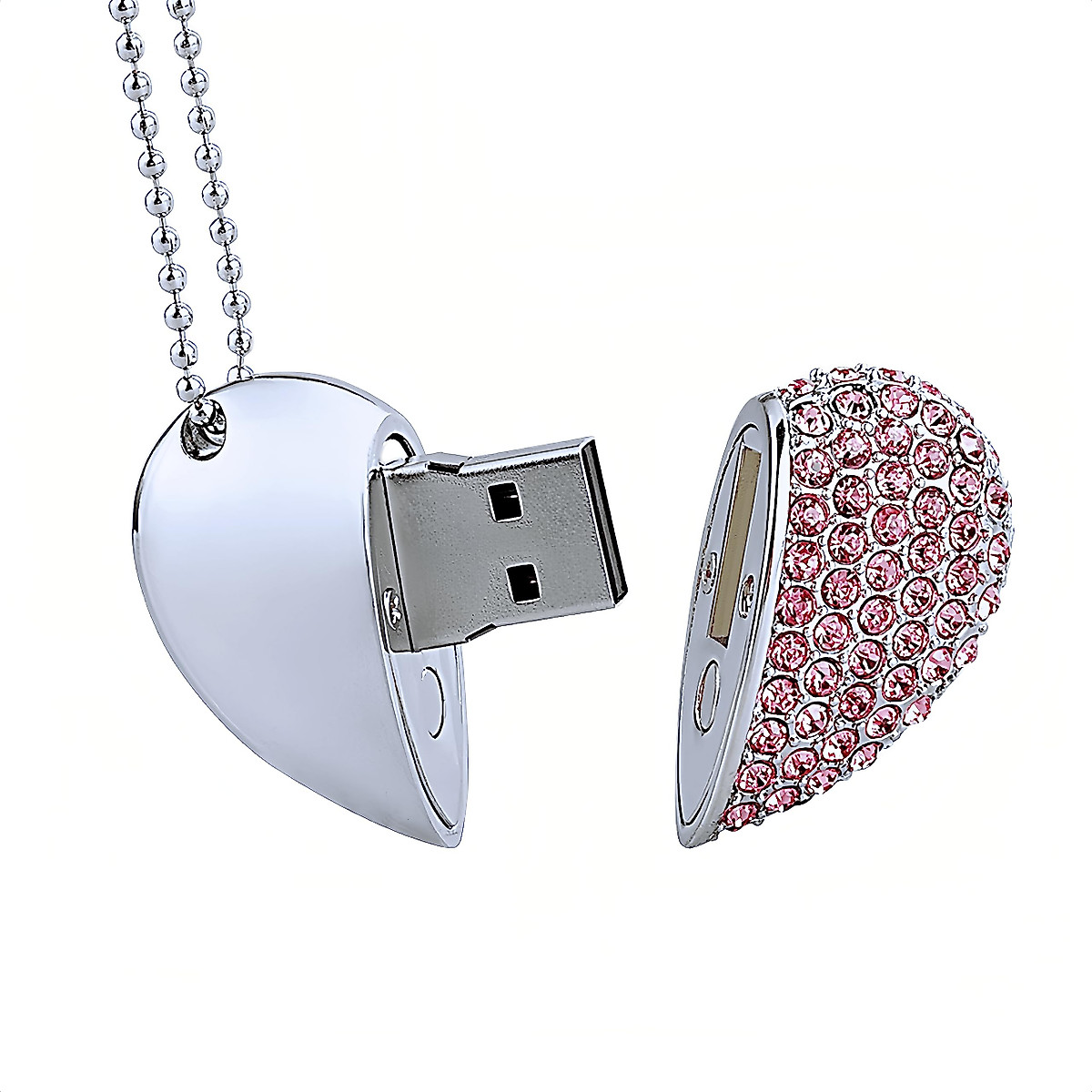 WooTeck 64GB Crystal Loving Heart Jewelry USB Flash Drive Pendrive with Necklace,Pink