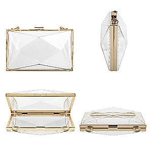 Women Clear Purse, Acrylic Box Evening Clutch Bag, Transparent Rhombus Lady Party Wedding Crossbody Shoulder Handbag (Gold)