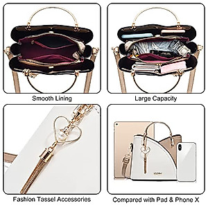 Women's PU Leather Handbags Purse Top-handle Bags Contrast Color Tassel Stitching Totes Satchel Shoulder Bag for Ladies (White-khaki)