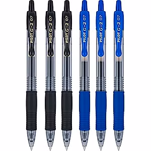 Pilot G2 pens retractable Gel Roller ballpoint 07 Fine pt Black & Blue Bundle (6)