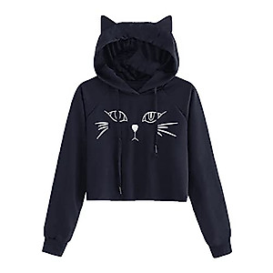 SweatyRocks Women's Long Sleeve Hoodie Crop Top Cat Print Sweatshirt Navy Blue S