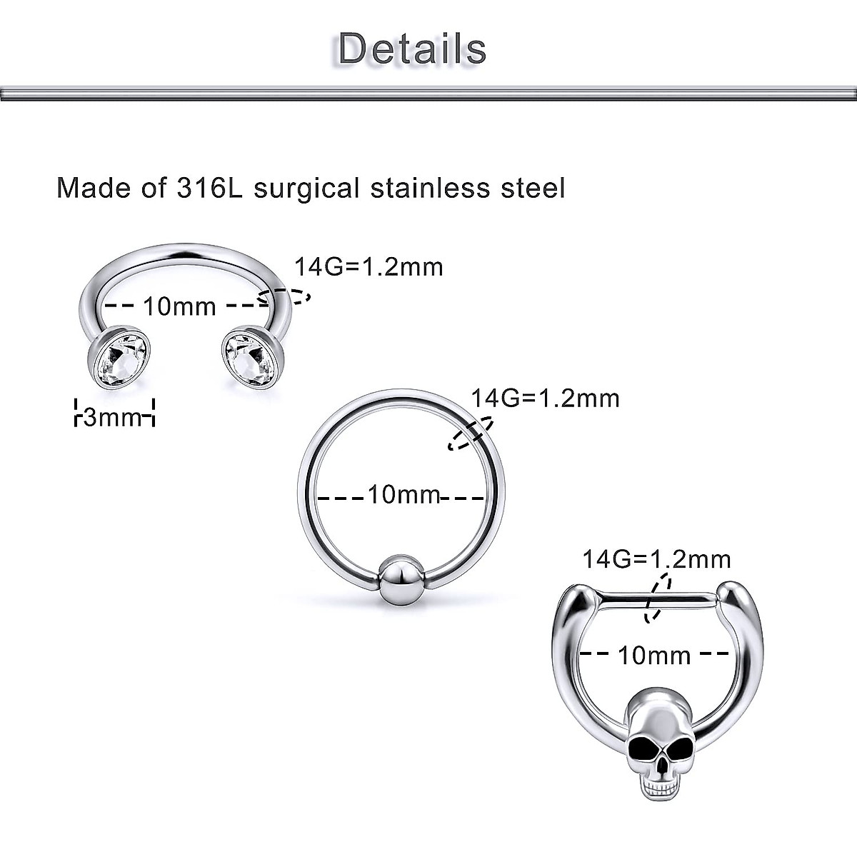 Yaalozei 16G Septum Rings piercing Jewelry for women Stainlessl Surgical Steel Silver Black Septum Ring Skull Hypoallergenic Hinged Septum Nose Ring Earring Hoop Clicker Piercing Jewelry Set Men 10mm