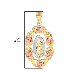 10K Tri-Color Yellow, White & Rose Gold Our Lady of Guadalupe Miraculous Immaculate Conception Catholic Scalloped Oval Pendant