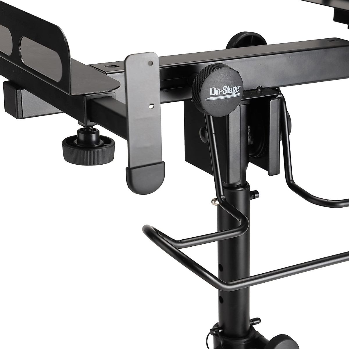 On-Stage MIX-400 V2 Mobile Mixer Stand: Rolling platform for mixers, laptops, controllers. Height adjustable (28"-38"), rackmount compatible, headphone hanger. Portable, black finish.