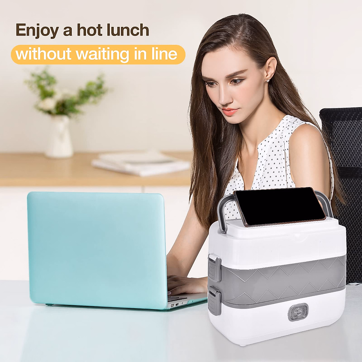 Mightree Electric Lunch Box for Adults, 200W Stackable Heated Lunch Box, 2L Capacity Faster Heating Lunch Box for Work, Portable Food Warmer for Home & Office, Stainless Steel Container Fork & Spoon