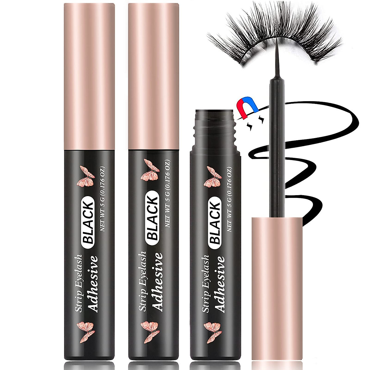 Magnetic Eyeliner 3PCS Smudge Resistant Magnetic liner,Works with All Magnetic Eyelashes,No iron powder and Natural Look,Easy to apply and No Glue needed (3PCS, Rose Gold+Black)