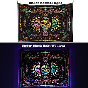 Tapestry Blacklight Tapestry Sun and Moon Tapestry UV Reactive Skull Tapestries Tirppy Wall Hanging psychedelic Black light Skeleton Tapestry for bedroom aesthetics Party Decor Poster 60x51 inch