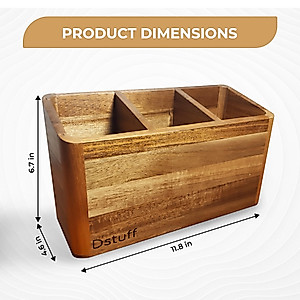 Dstuff Large Kitchen Utensil Holder Organizer for Counter or Countertop, Large Wooden Utensil Holder for Storage Cooking and Silverware with 3 Compartment, Acacia Rustic Wood Container Extra Large
