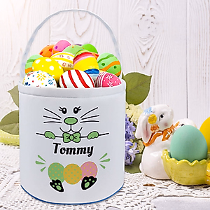 Personalized Buny Easter Basket with Name Custom Canvas Egg Bags for Kids Candy Easter Baskets for Baby Boys Girls-Blue