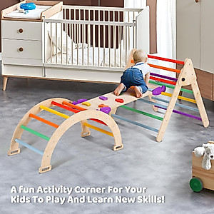 Agiyimi 4 in 1 Pikler Triangle Climber, Foldable Wooden Triangle Ladder Montessori Climbing Toys with Ramp Arch Climber Rocker Indoor Outdoor Gym Playground Climbing Toys for Toddlers(Multicolor)
