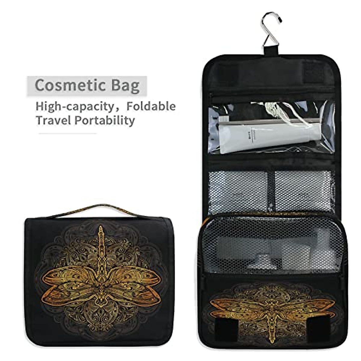 Omhonmi Hanging Toiletry Bag for Women Mandala Dragonfly,Waterproof Makeup Pouch,Portable Cosmetic Bag,Travel Bag with Hanging Hook for Woman Man Travel Accessories