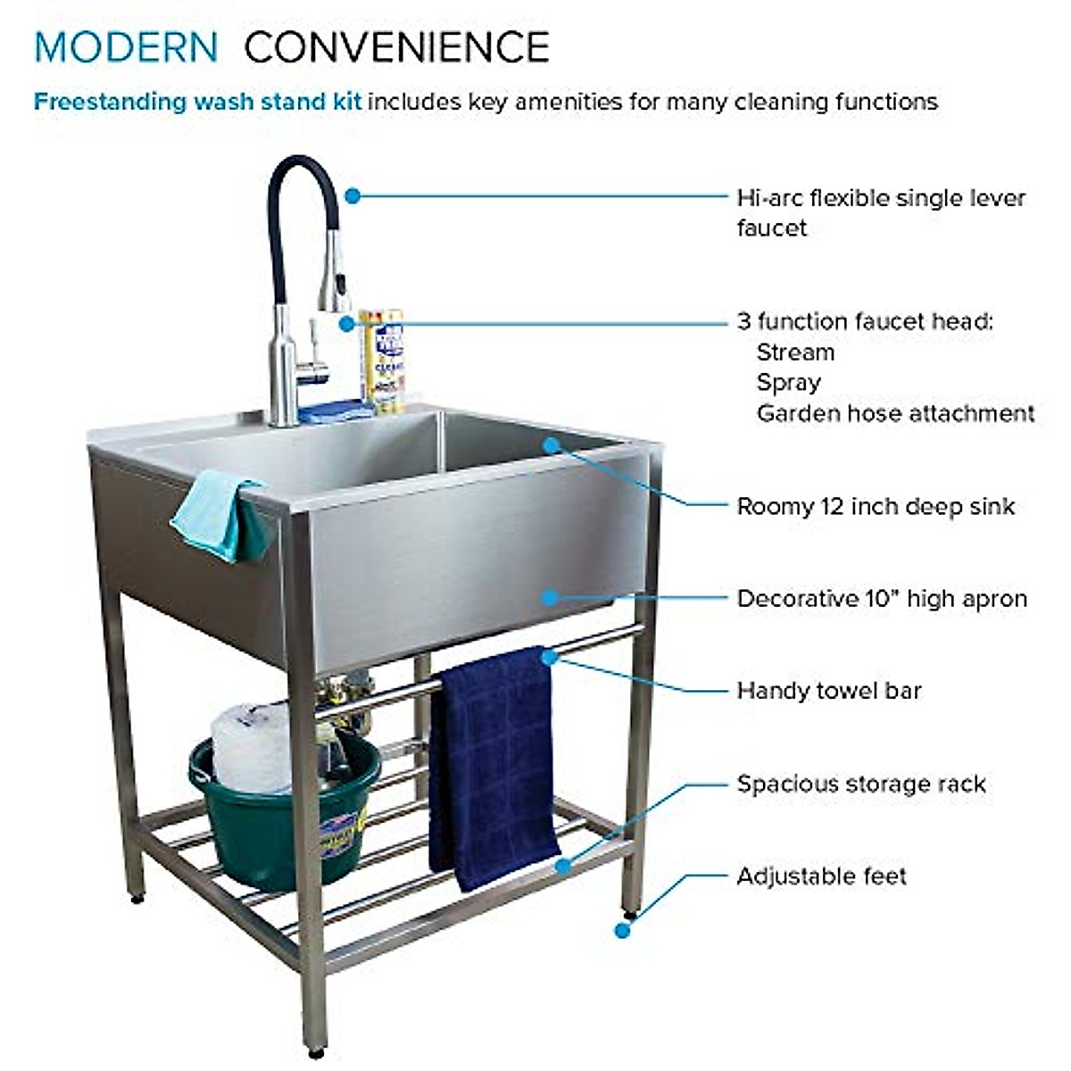 Transolid TFH-2522-SS 25 in. x 22 in. x 34.3 in. Stainless Steel Laundry Sink with Wash Stand in Brushed Satin