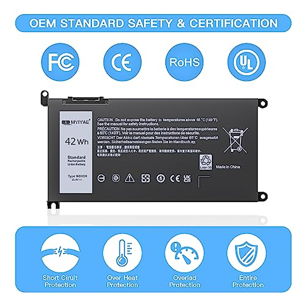 MYIYAE 42Wh WDX0R Replacement Laptop Battery for Dell Inspiron 15 5568 5567 5570 7579, 11.4V WDXOR Standard Rechargeable Li-ion Battery for Dell Inspiron 13 7378 Latitude 3180 3380 3590 Vostro 5581
