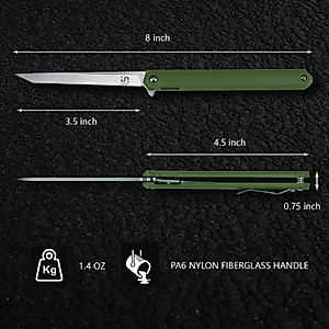 UNIQTINT EDC Pocket Flipper Knife, 1.4oz 5CR13 Steel 3.5” Blade Slim Folding Knife, Army Green PA6 Nylon Fiberglass Handle with Liner Lock Pocket Clip (FK001B)
