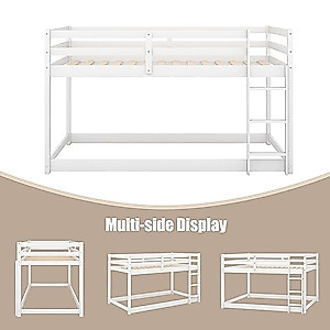 ZJIAH Solid Wood Twin Over Twin Floor Bunk Bed w Ladder, Safety Guard Rails, 400LBS Wooden Twin Bunk Beds for Teens/Adults, Low Bed Frame Bedroom Furniture, No Box Spring Required, White