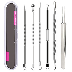 Pimple Popper Tool Kit, 6 Pcs Blackhead Remover Acne Needle Tools Set Removing Treatment Comedone Whitehead Popping Zit for Nose Face Skin Blemish Extractor Tool - Silver