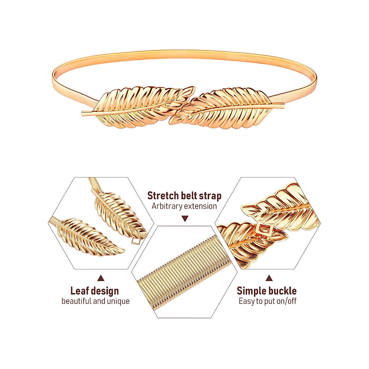 2 Pieces Women's Metal Chain Leaves Belt Skinny Elastic Stretchy Decorative Waistband Adjustable Interlock Buckle for Dress Jeans, Skirts and Pants, Silver and Gold