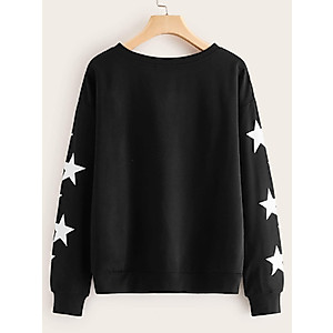 SweatyRocks Women's Long Sleeve Sweatshirt Star Graphic Print Pullover Shirt Top Black Large