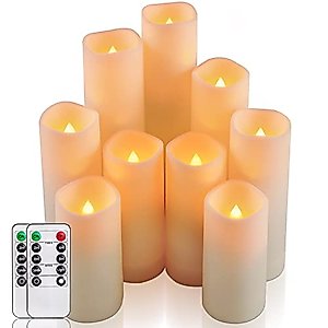 Amagic Flameless Candles Battery Operated Candles Flickering, Outdoor Waterproof LED Pillar Candles with Remote Control and Timer, D 2.2" x H 4" 5" 6" 7" 8" 9", Ivory, Plastic, Set of 9