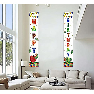 Cartoon Very Hungry Little Green Caterpillar Happy Birthday Banner Background Insects Theme Decor Door Porch Decorations for Girls Boys Baby Shower 1st Birthday Party Supplies Favors Backdrop Gift