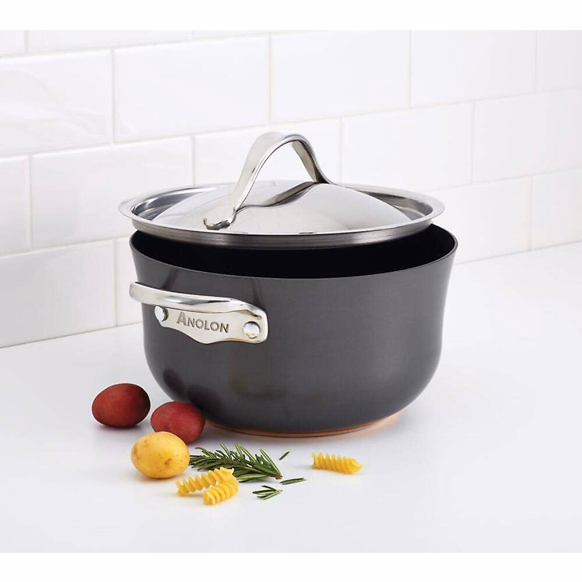 Anolon Nouvelle Copper Hard Anodized Nonstick Casserole Dish/ Casserole Pan with Lid - 4 Quart, Gray