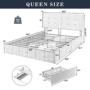 Allewie Queen Upholstered Platform Storage Bed Frame with 4 Drawers & Adjustable Headboard, Square Stitched Button Tufted Design, Mattress Foundation, Light Grey