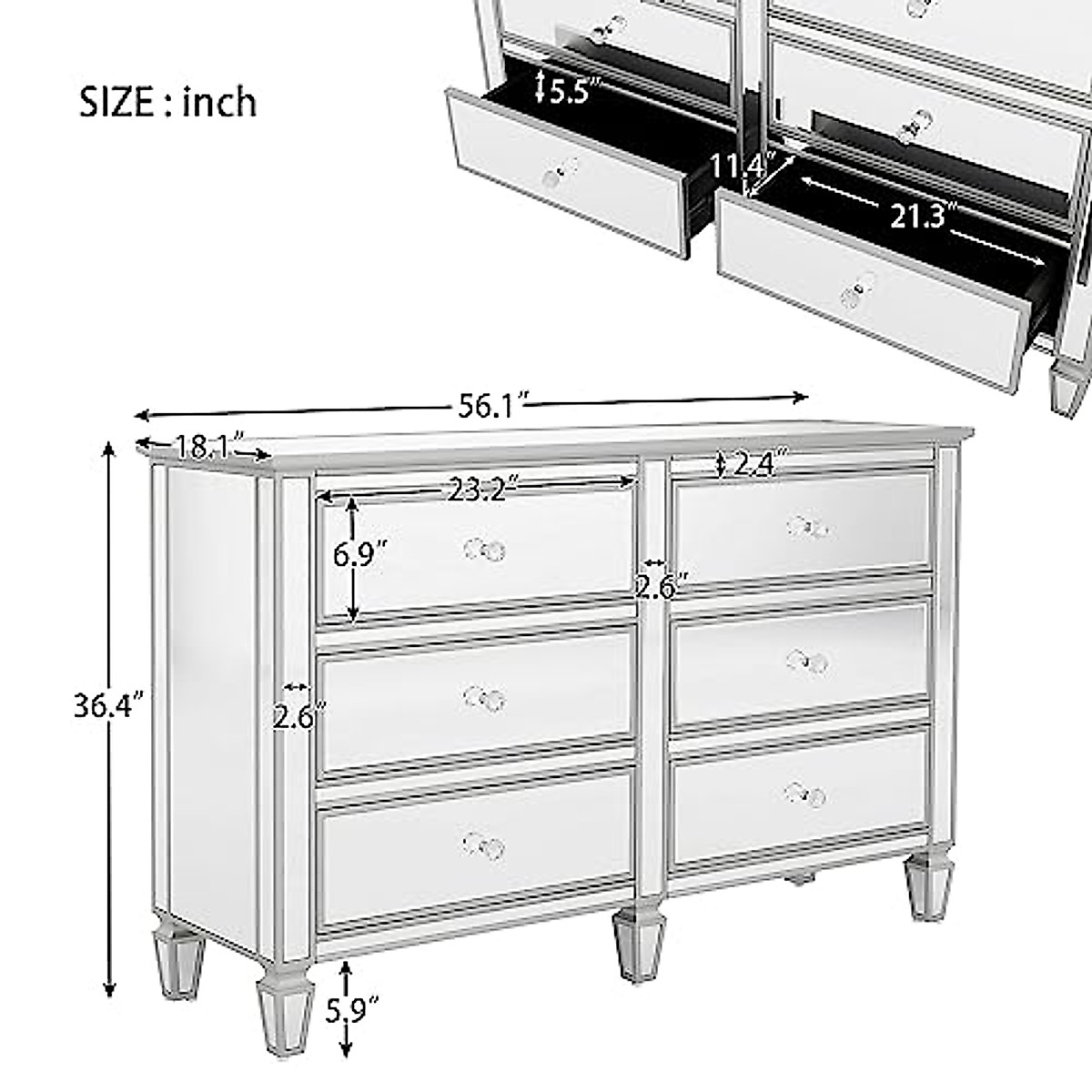SOFTSEA Modern 6 Drawer Mirrored Dresser, Glass Dresser & Chest of Drawers for Bedroom, Silver Finished Storage Cabinet with Crystal Knobs, Easy Assembly